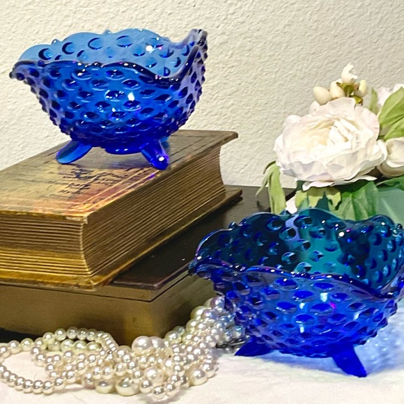 Accents | 2 Vintage Fenton Colonial Blue Glass Threetoed Hobnail Candy ...